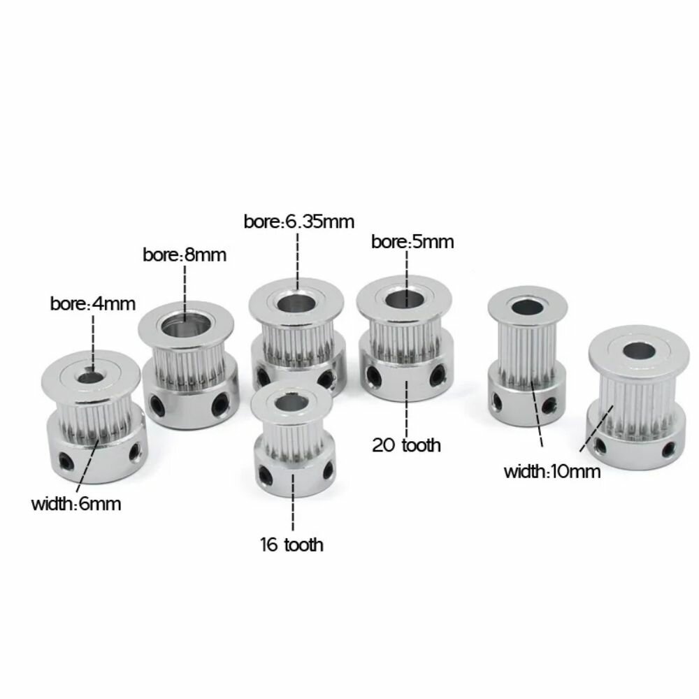 5 шт. деталей для 3D-принтера: шкив ГРМ GT2, 16-20 зубьев, диаметр отверстия 5 мм, диаметр шестерни 8 мм, ширина зубьев синхронного колеса 6 мм, диаметр зубьев 10 мм.