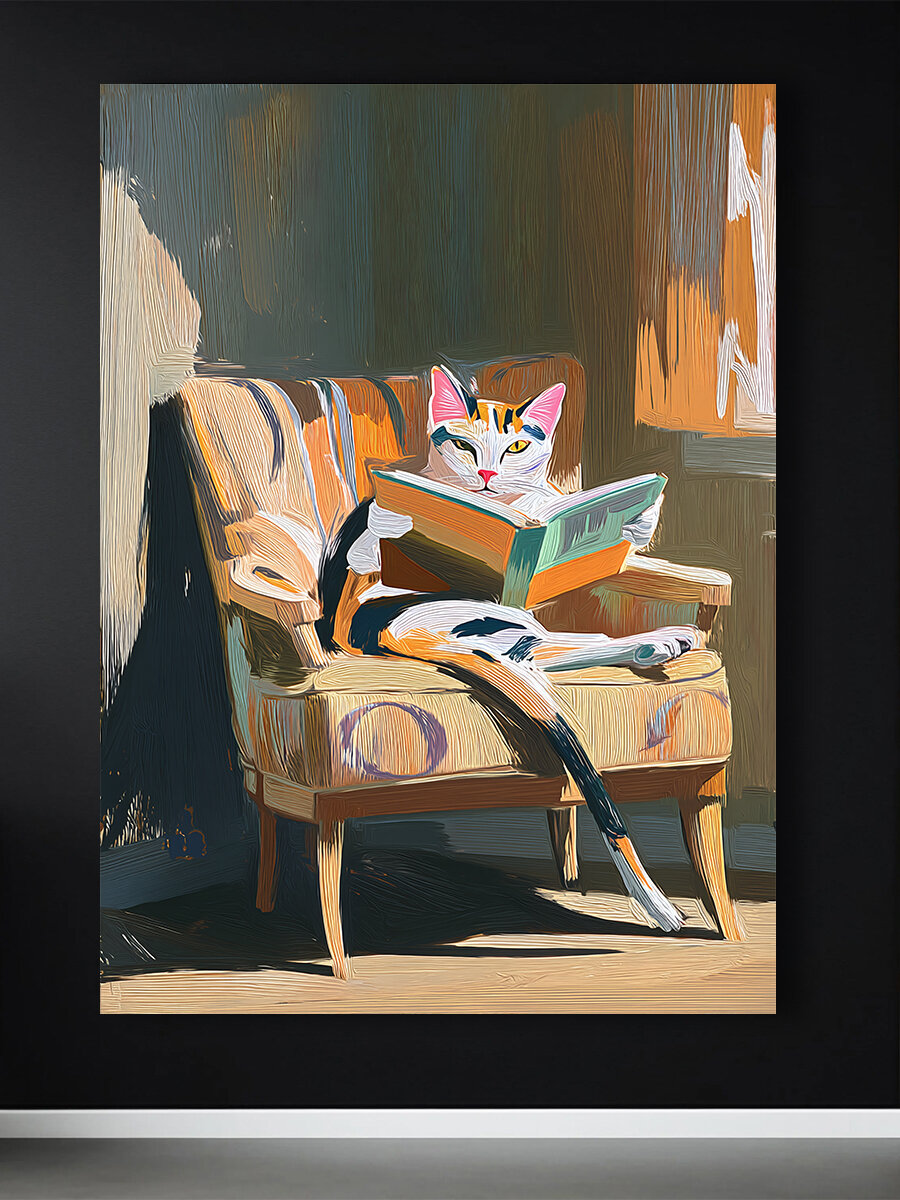 Картина на холсте - "Кот читает книгу, прикольная картина на стену" , 30х40 см.