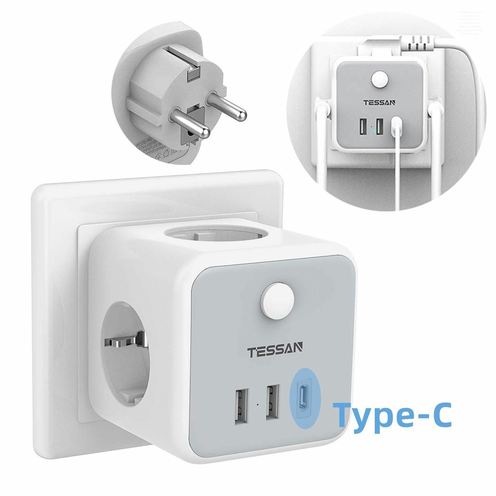 TESSAN адаптер с 3 розетками, 1 портом типа C, 2 портами USB-A