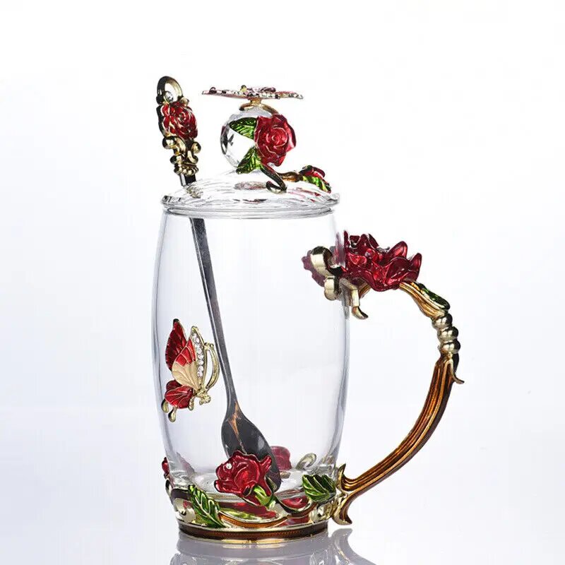 Стеклянная кружка с эмалью для чая Enamel Flower Crystal Flower Glass Handles Cup Mug B