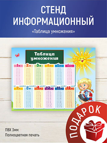 Стенд детский для детского сада, школы "Таблица умножения", 100х75 см, Stendplus