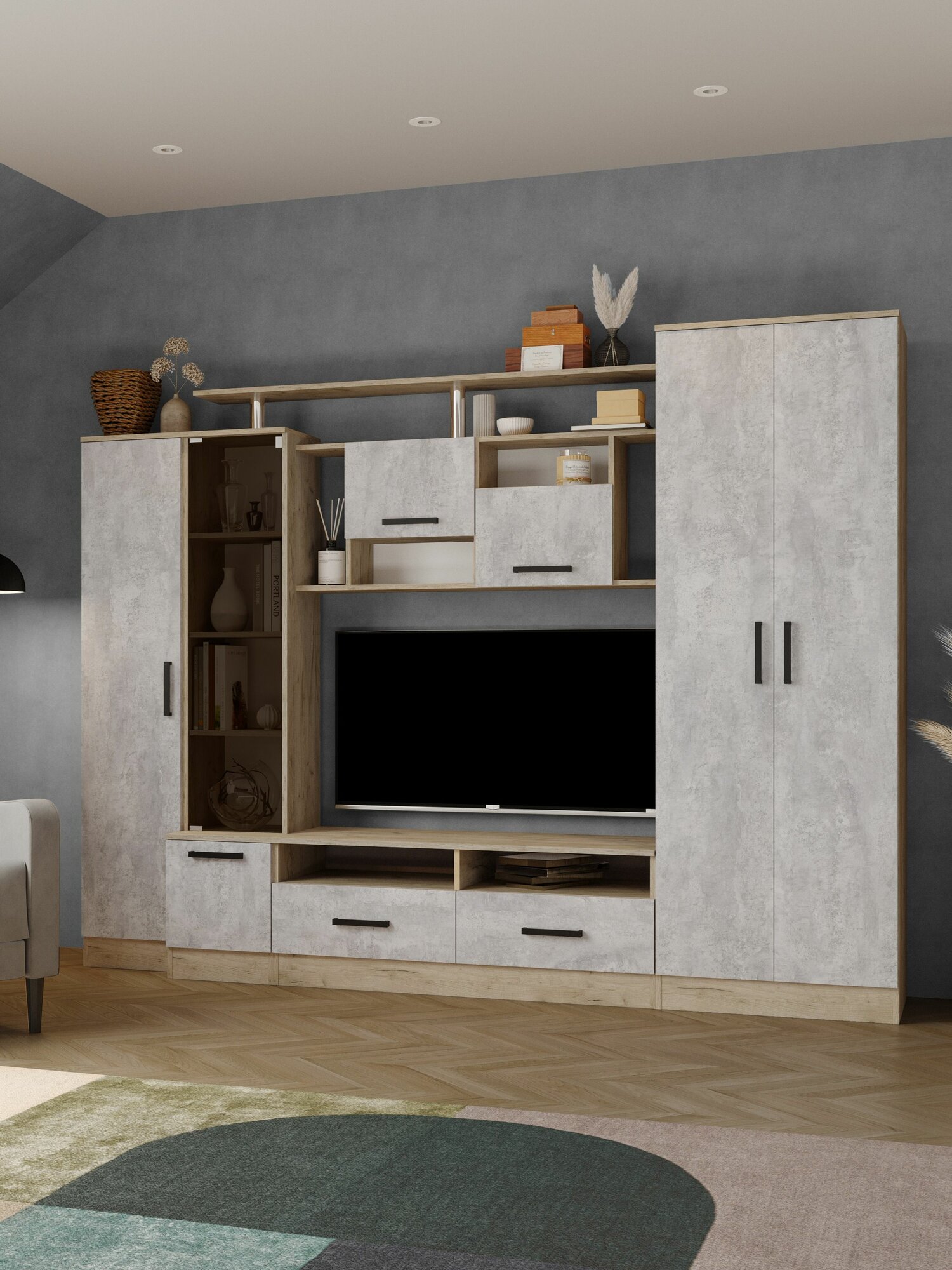 Гостиная Оскар-5 1920х2500х450 (крафт серый/цемент) тэкс