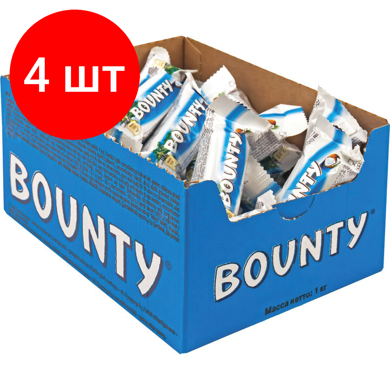 Комплект 4 шт, Конфеты шоколадные BOUNTY minis, весовые, 1 кг, картонная упаковка, 56727