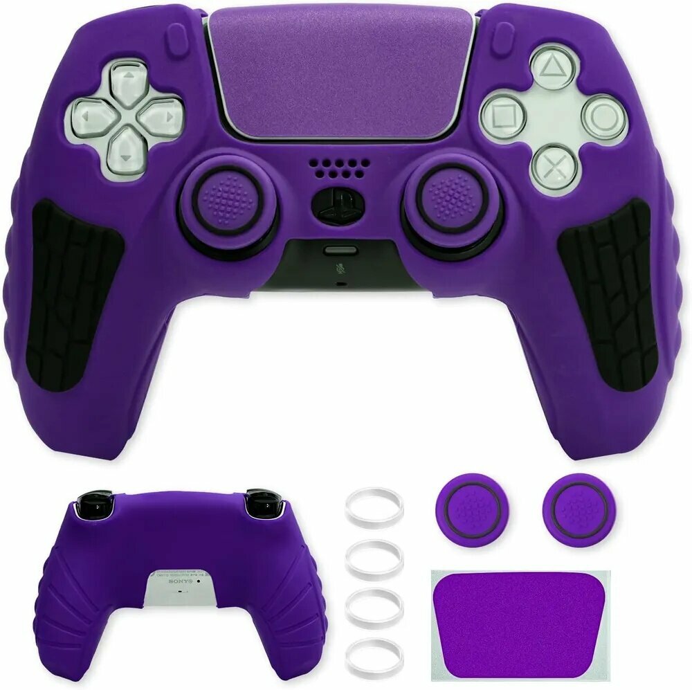 Чехол для контроллера PS5 DualSense: антискользящий силиконовый чехол с накладками для пальцев, защитой джойстиков и стикерами (чёрный)