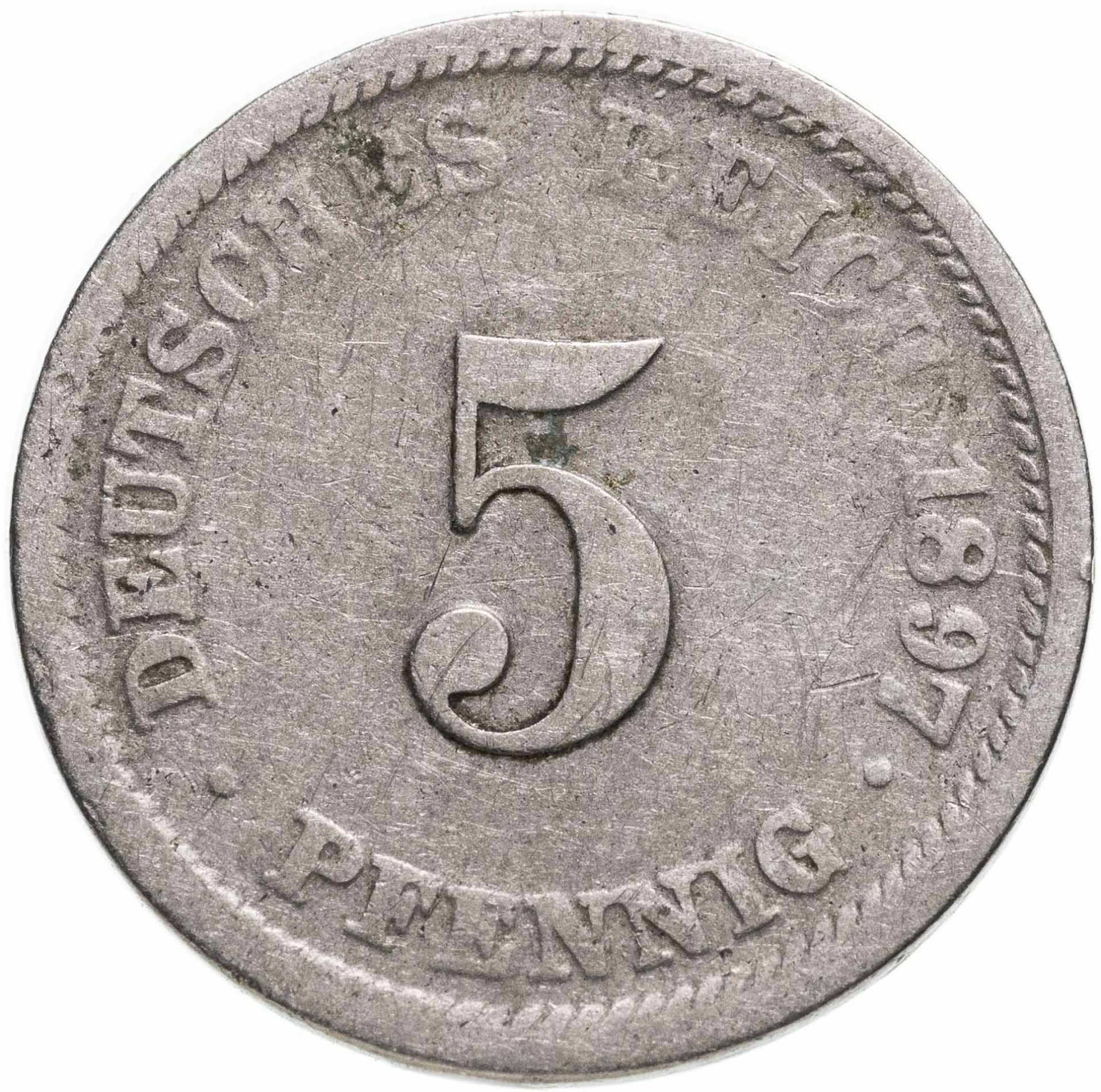 Германия 5 пфеннигов pfennig 1897 знак монетного двора: "D" - Мюнхен, Никель, в сохранности F-VF