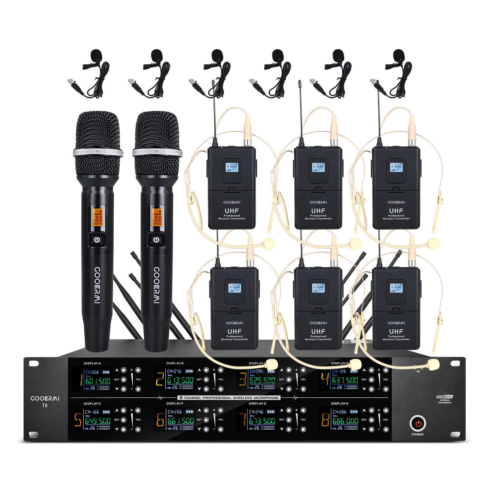 Беспроводная микрофонная система T8, 2 + 6 беспроводных микрофонов UHF, очень подходит для караоке-встреч и мероприятий.
