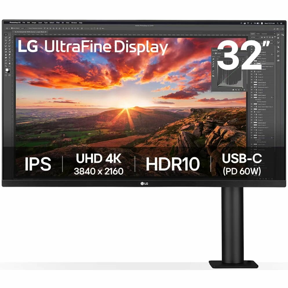 LG 31.5" Монитор 32UN880K-B 31.5" 4K UHD IPS, Ergo 2.0 подставкой (струбцина), USB-C 60 Вт, 95 проц. DCI-P3, калиброванный, черный