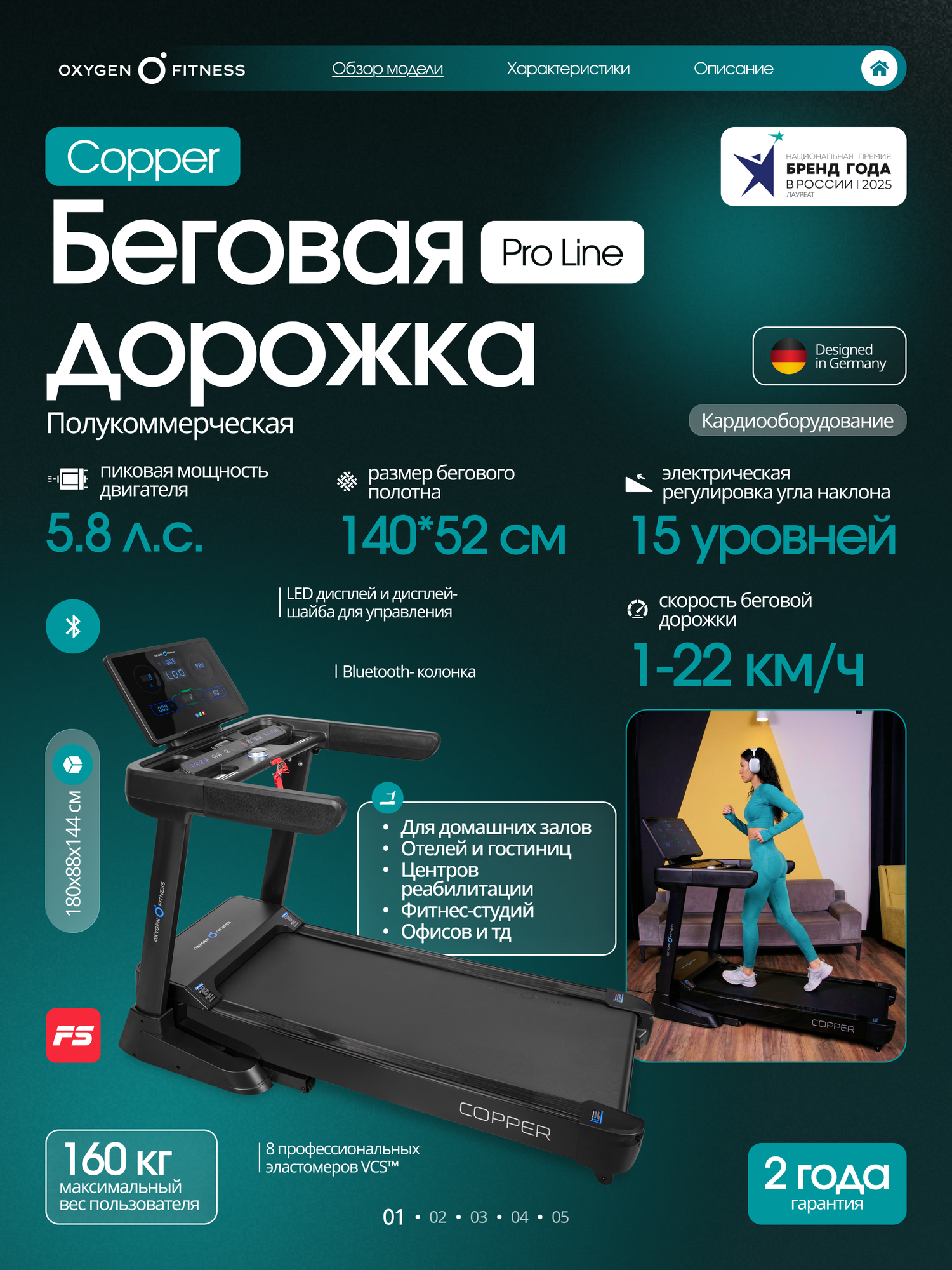 Беговая дорожка электрическая складная для дома OXYGEN FITNESS COPPER
