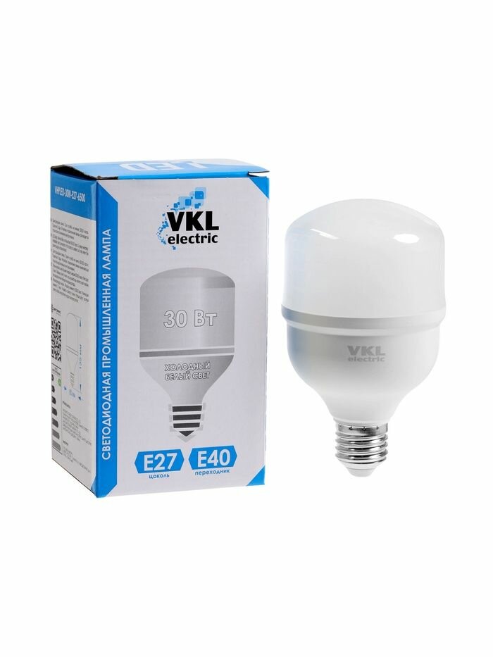 Лампа светодиодная VKL Electric, бочка, 30 Вт, E27, переходник Е40, 2850 лм, 6500K, IP20, 80 136 мм