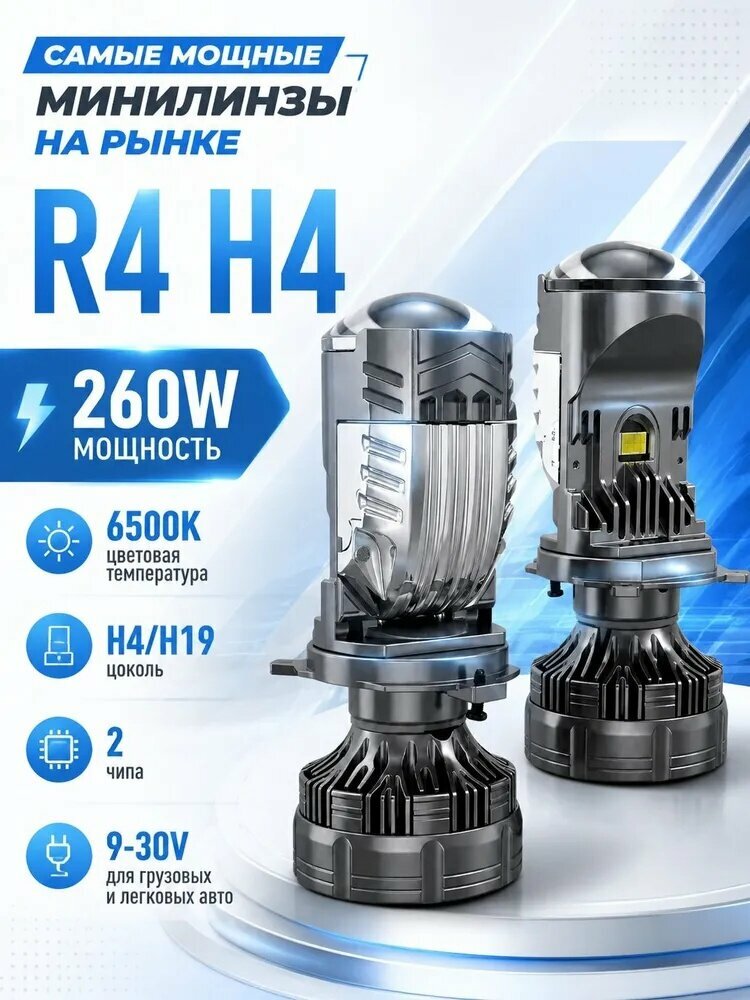 Bi led мини линзы H4, R4-H4 ZMB, линзованные лампы H4, 6000K