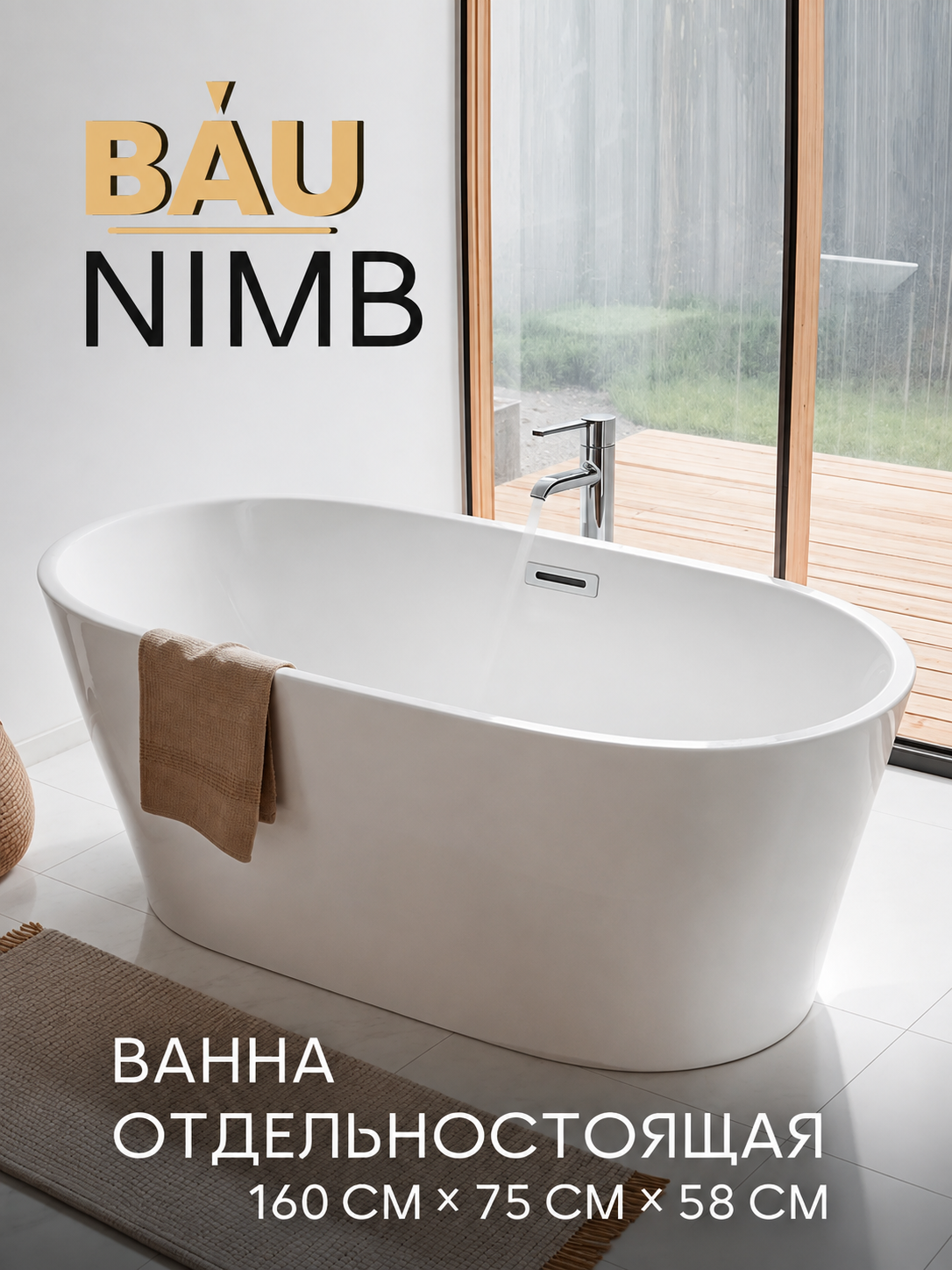 Ванна акриловая отдельностоящая BAU "Нимб" 160 x 75 белая