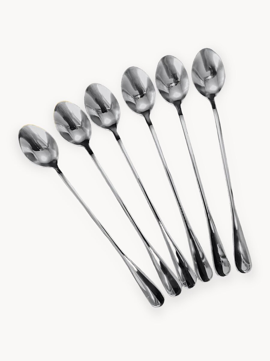 Набор чайных ложек с длинной ручкой "Без рисунка", 6 штук , нержавеющая сталь