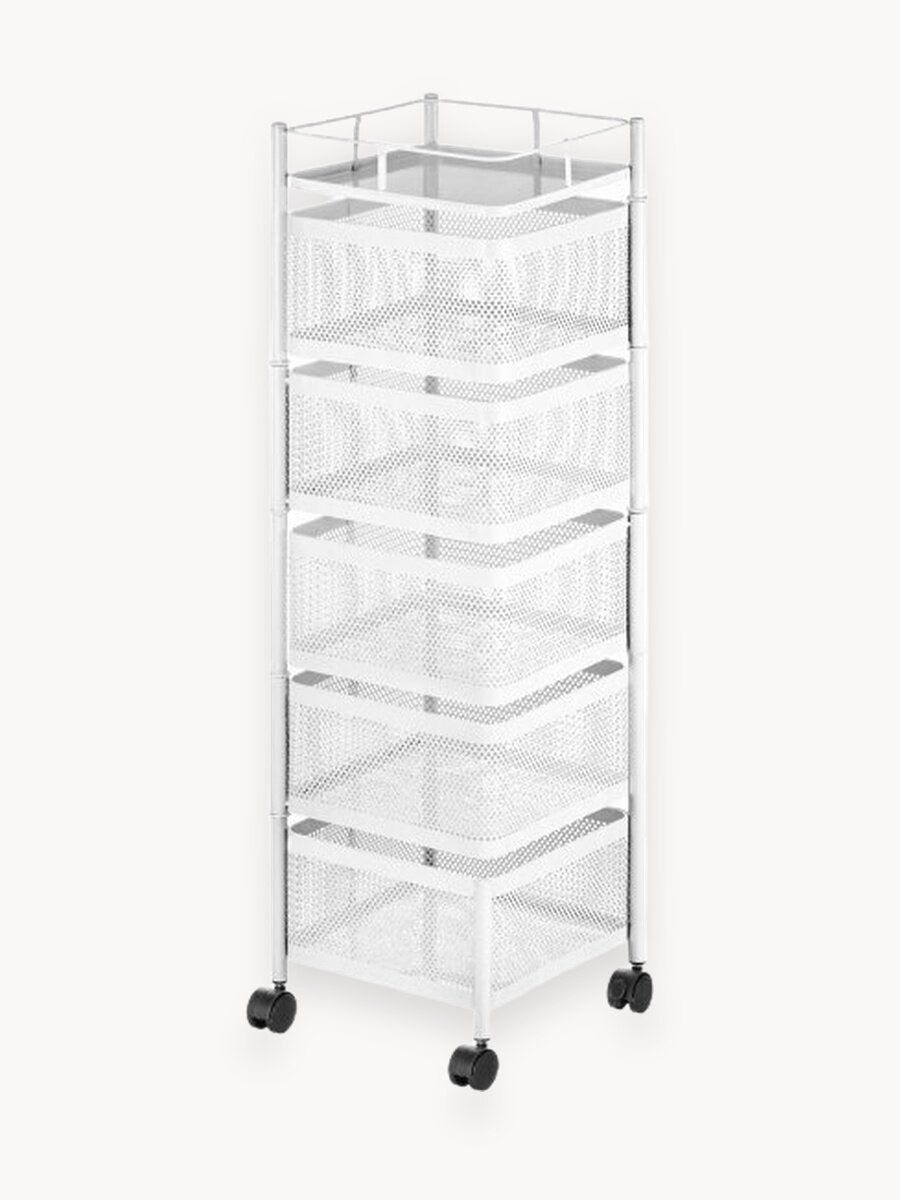Этажерка EL Casa "Белая" 5 ярусов 27х27х95 см, с выдвижными корзинами, на колесиках, металл, белый (240631)