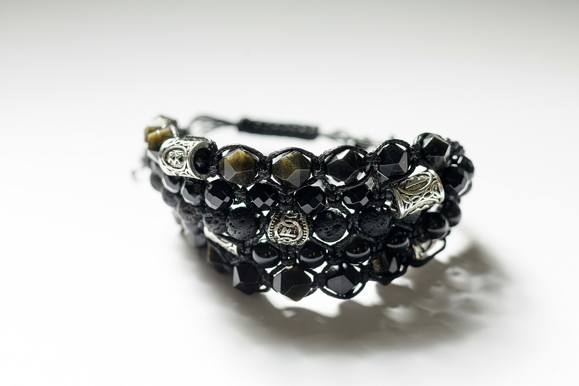 Плетеный браслет Magical Exclusives, металл, агат, обсидиан, вулканическая лава