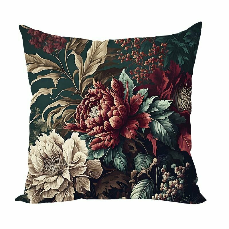 Подушка декоративная Цветочная феерия Пионы Белый и Бордовый 40х40 велюр