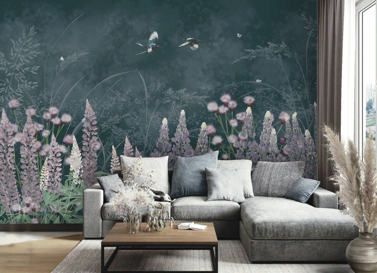 Обои бесшовные "Акварельные люпины" серый (ширина 2550мм х длина 3000мм)