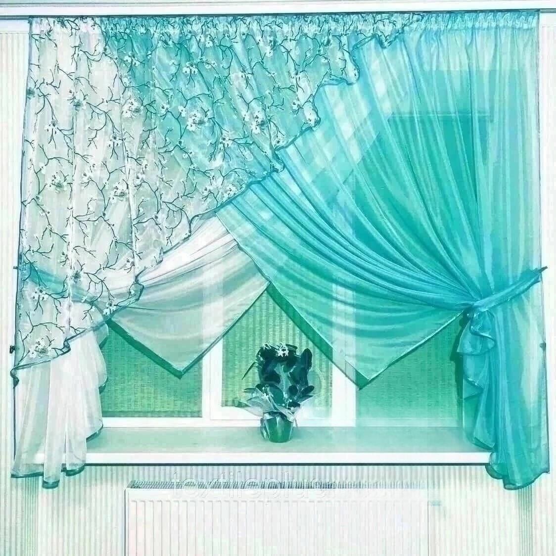 Шторы, кухонный вуаль, 300 см x 170 см, бирюзовые, прозрачные