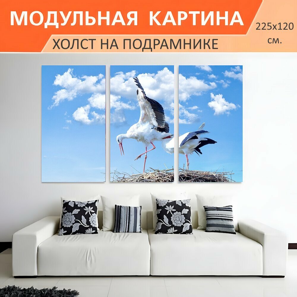 Модульная картина на холсте "Аисты, птицы, гнездо" триптих на подрамнике 225х120 см. для интерьера