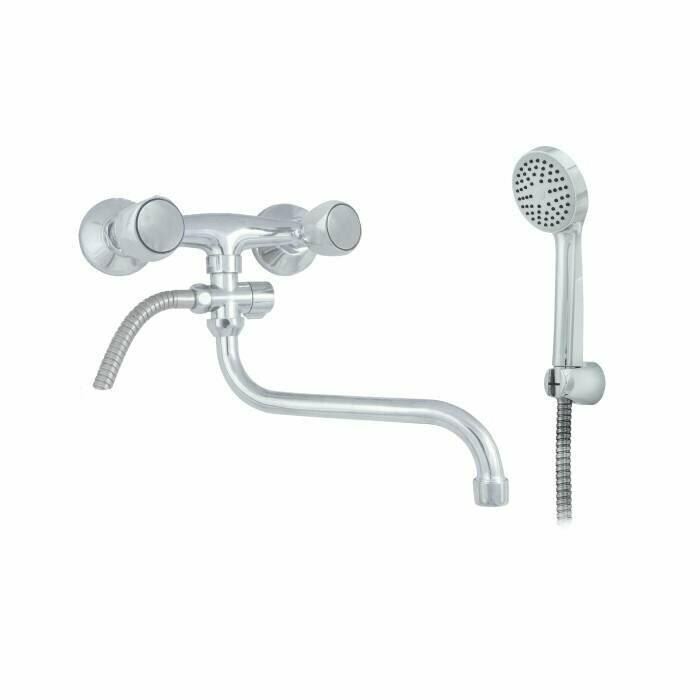 Смеситель для ванны с душем двуручный круглый излив, душевой шланг н/ж сталь, хромированная пластиковая лейка и кронштейн Стандарт ЦС-СМ 600/1-4 К М_Супер Центр Сантехники (Подольск) СМ513004