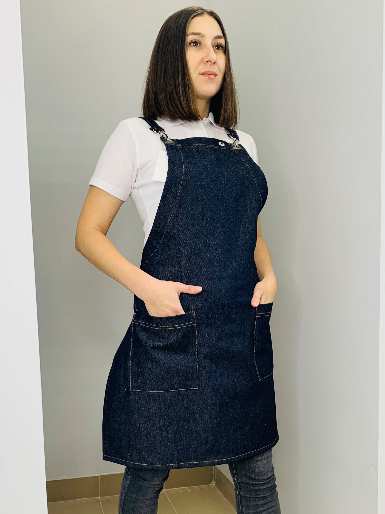 Фартук джинсовый синий рабочий для продавца, мастера креатекс