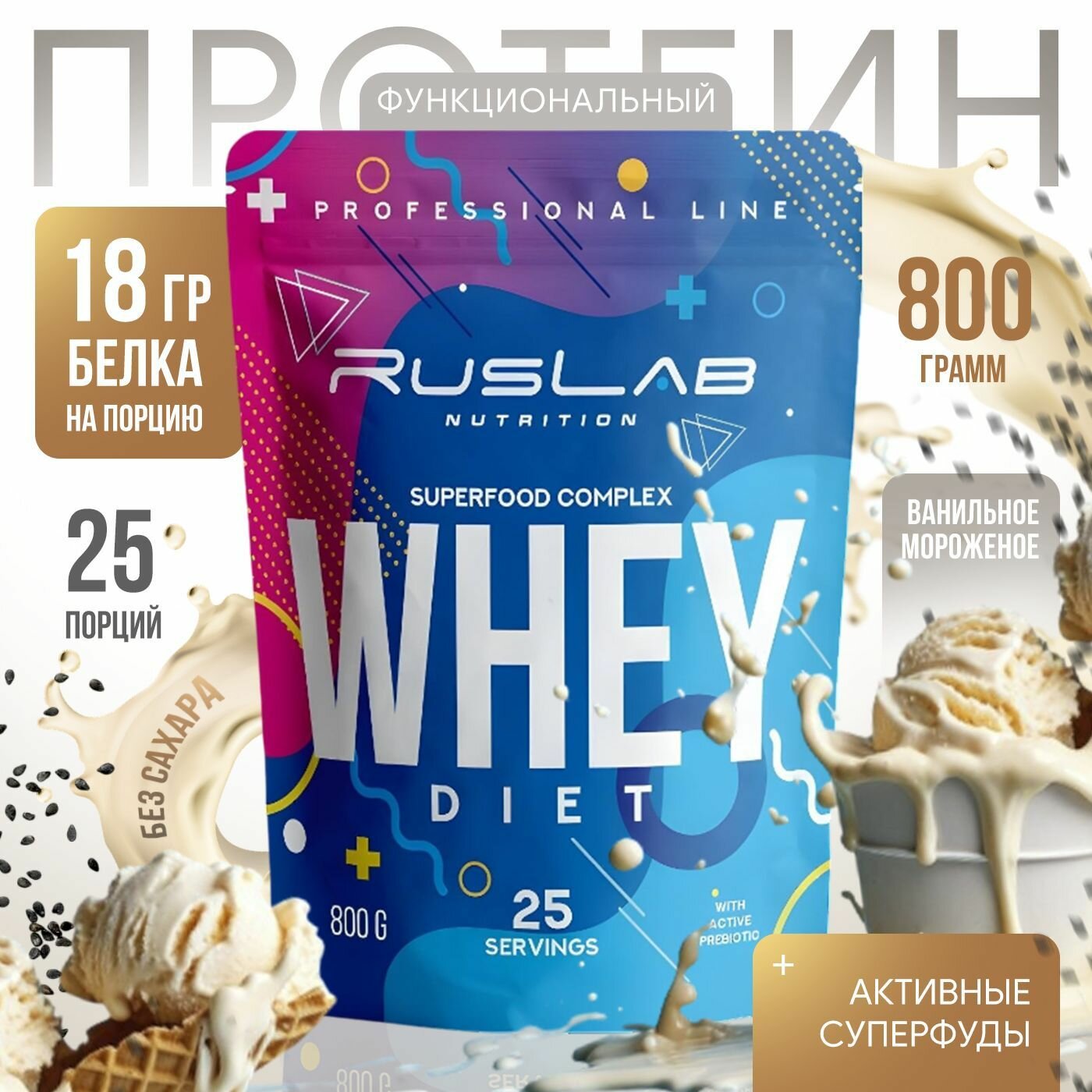WHEY DIET протеин сывороточный/белковый коктейль для похудения/заменитель пищи (800 гр), ванильное мороженое