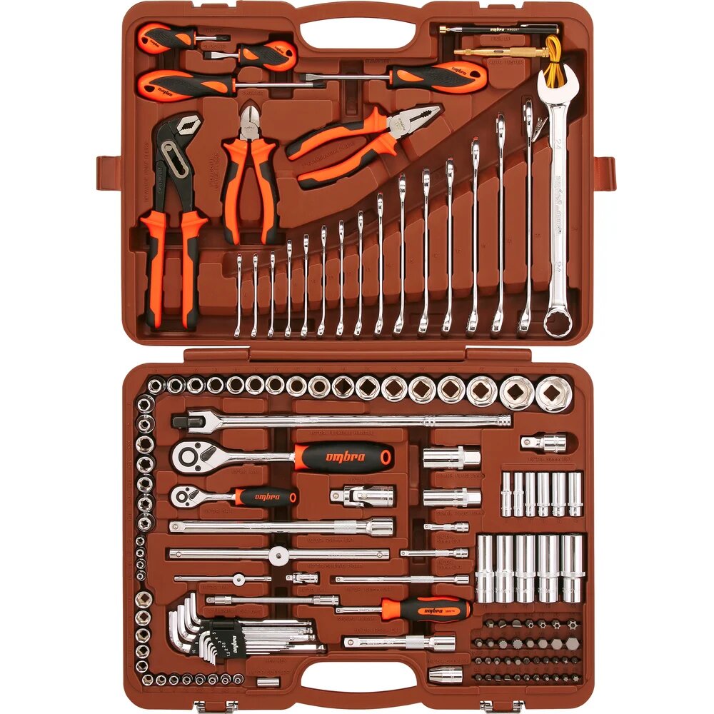 Универсальный набор инструмента торцевые головки Ombra OMT143SL 1/4DR и 1/2DR, аксессуары к ним, ШГИ, отвертки и комбинированные ключи, 143 предмета. 55565 055565