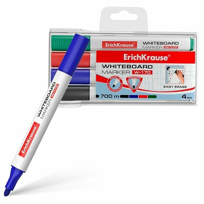 Маркер для досок Erich Krause W-170, цвет чернил: черный, синий, красный, зеленый, в футляре по 4 шт