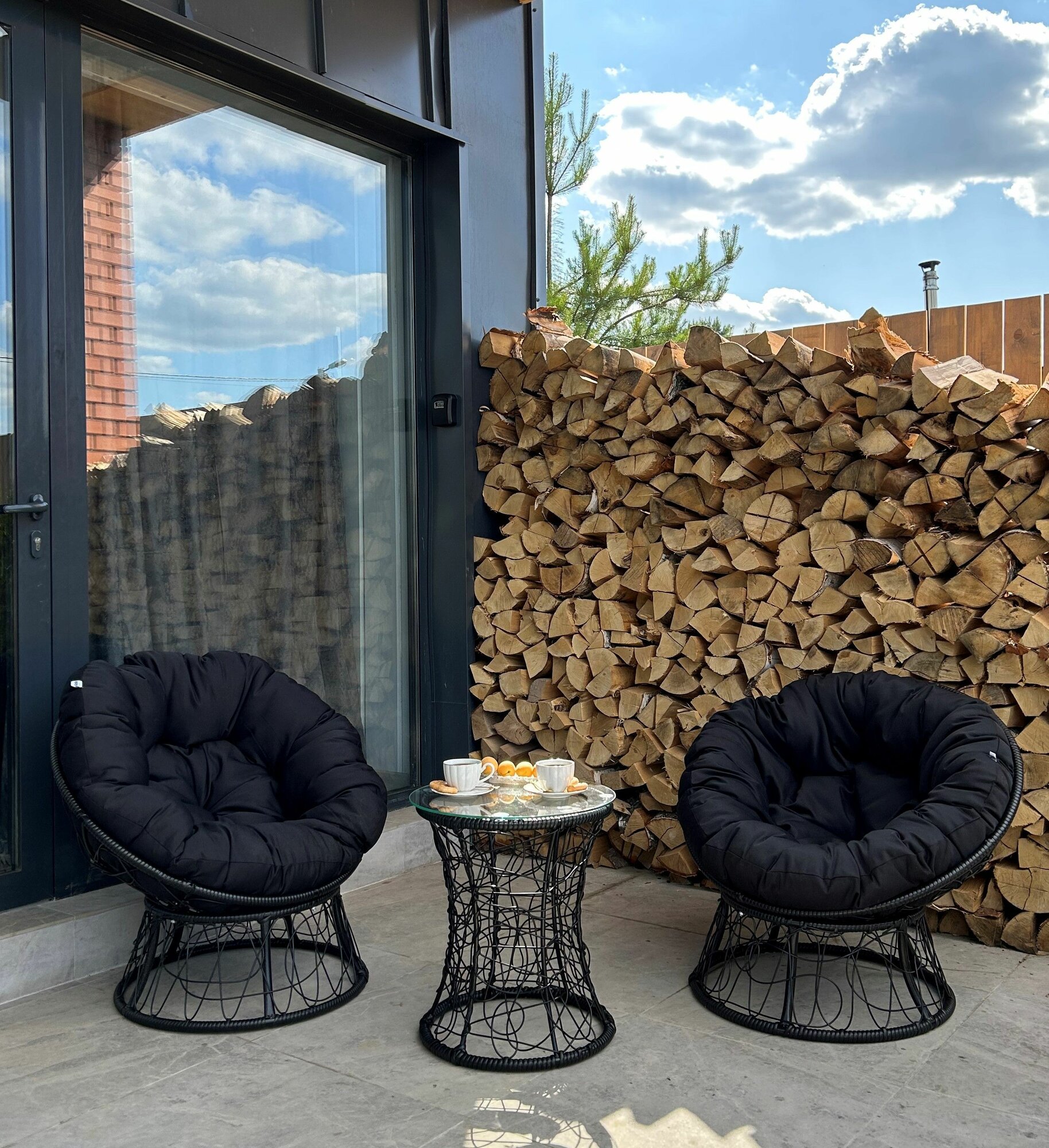 Набор садовый папасан черный 2 кресла, столик + 2 подушки (черный, полиэстер)