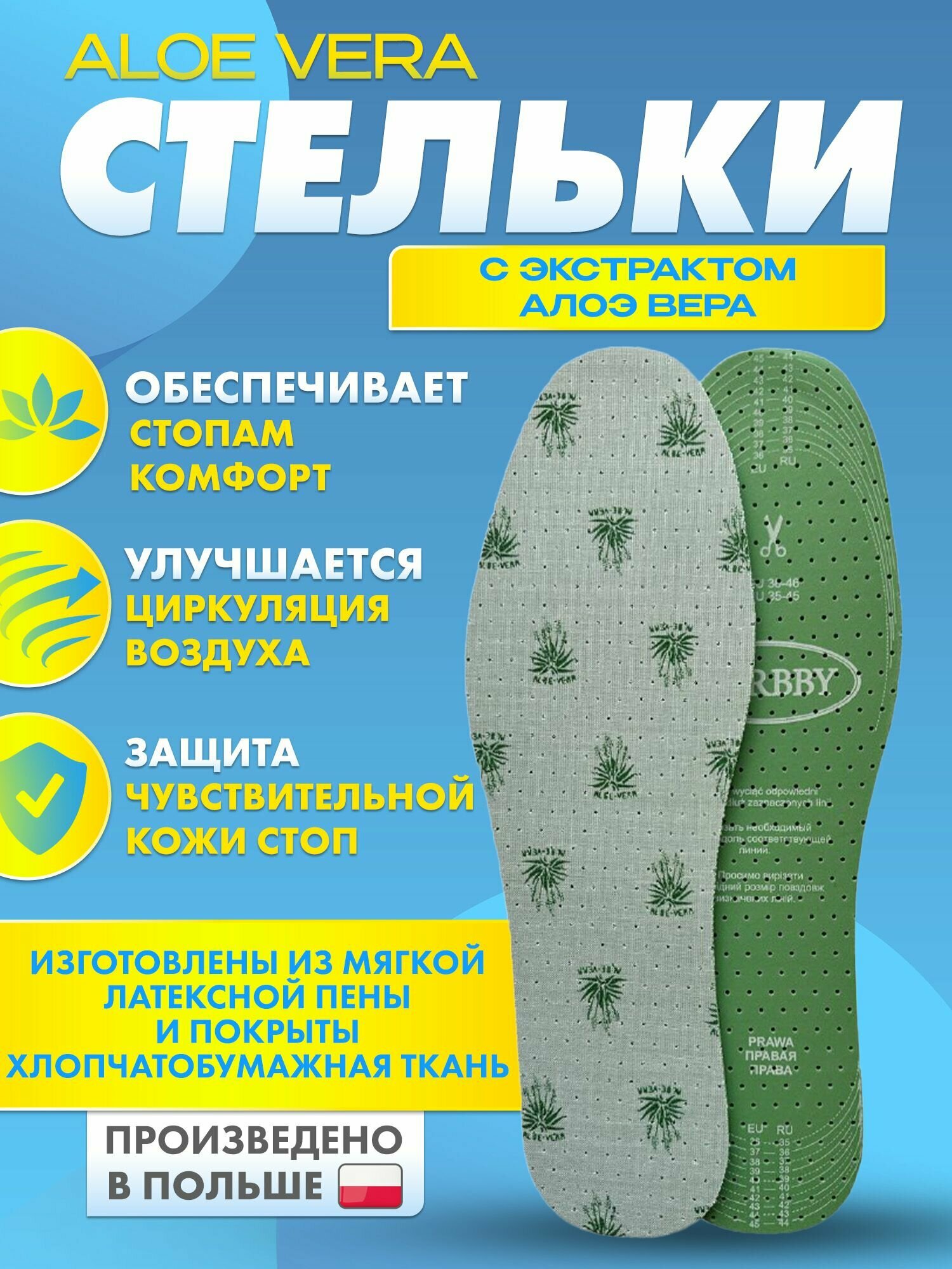 Стельки Алое Вера, антибактериальные, влаговпитывающие, антизапах