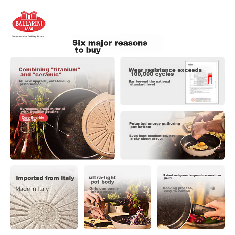 BALLARINI Kitchen Essential： Titanium Ceramic Non-Stick Frying Pan, Flat Bottom Pan Compatible with Induction Cooker, 24CM