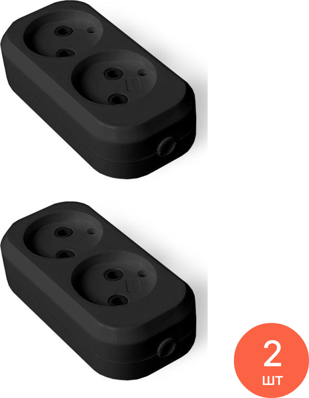 Блок розеток UNIVersal / Юниверсал 2 гнезда без заземляющих контактов АБС пластик, черный 1301 / колодка электрическая для удлинителя (комплект из 2 шт)