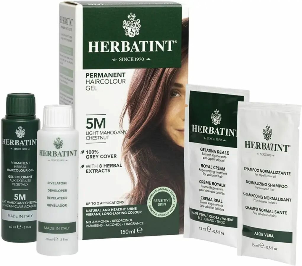 Гель-краска для волос без аммиака с экстрактами натуральных растений тон 5M светлый махагон каштан HERBATINT, 150 мл