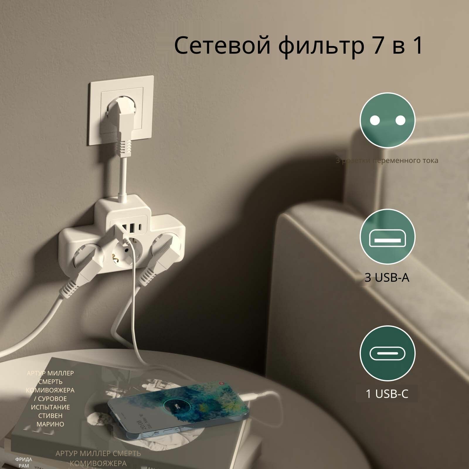 HITRENDS Европейский стандартный преобразователь "один в три", 3USB + 1 интерфейс Type-c, медный сердечник диаметром 5 см и толщиной 1,5 мм2, белый