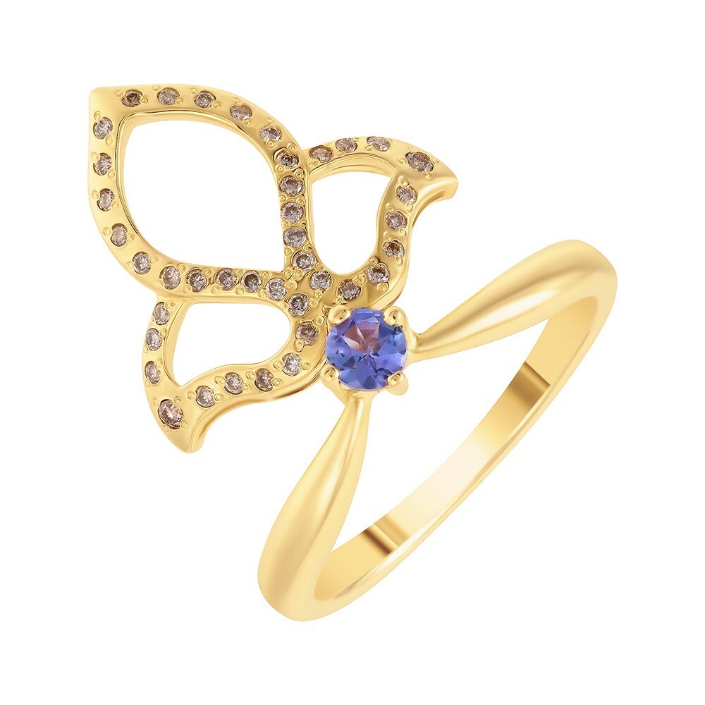 Кольцо, желтое золото, 585 проба, бриллиант, танзанит