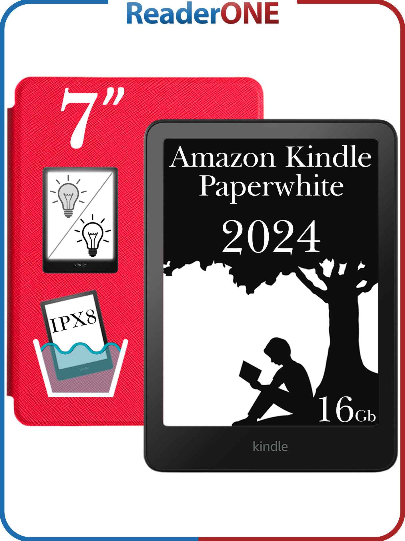 Электронная книга Amazon Kindle PaperWhite 12 2024 16Gb Black (рекламная версия) с обложкой ReaderONE, Red