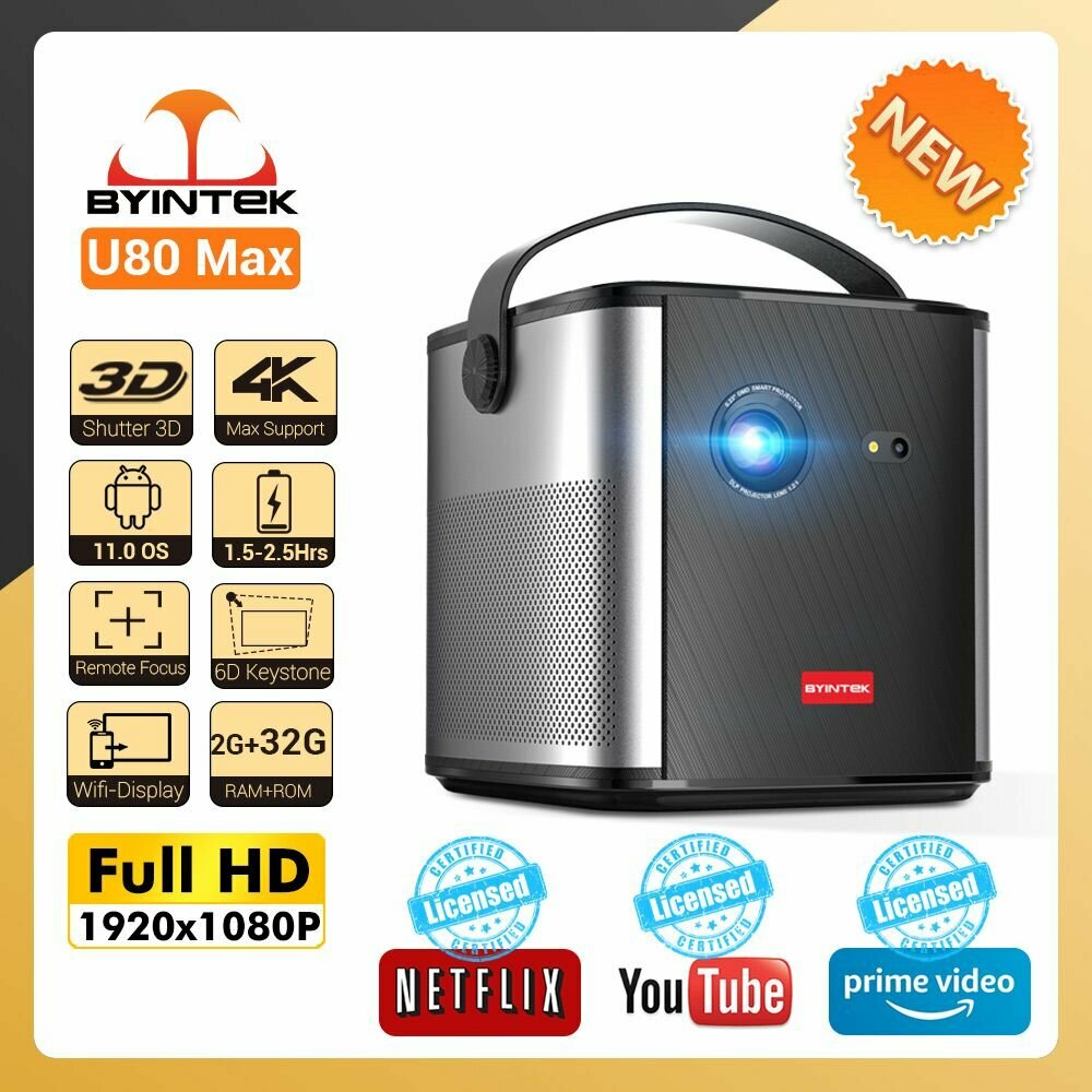BYINTEK U80 Max DLP проектор 3D 4K ТВ-система Android версия 11.0