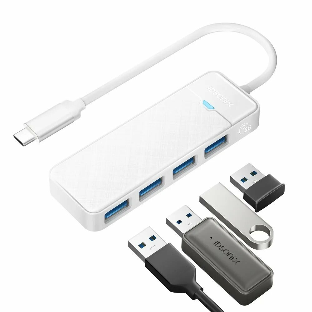 USB HUB iDsonix AMPW4A USB-C хаб 3.0, 4 порта USB-A, Белый, 0.15м