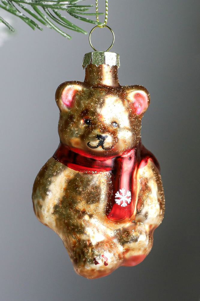 Ёлочная игрушка мишутка В алом шарфе, стекло, 8 см, Винтер Деко (Winter Deco) 5030153