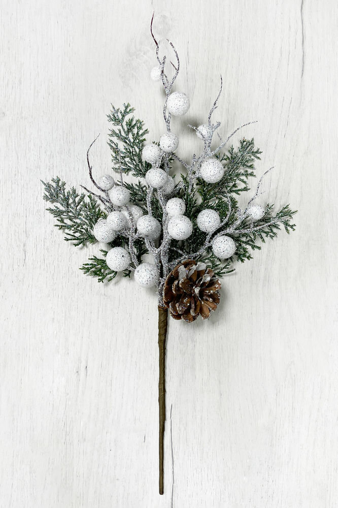 Декоративная ветка зимняя нега: серебро, хвоя литая 100%, натуральные шишки, искусственные ягоды, 35 см, Christmas Deluxe 89185