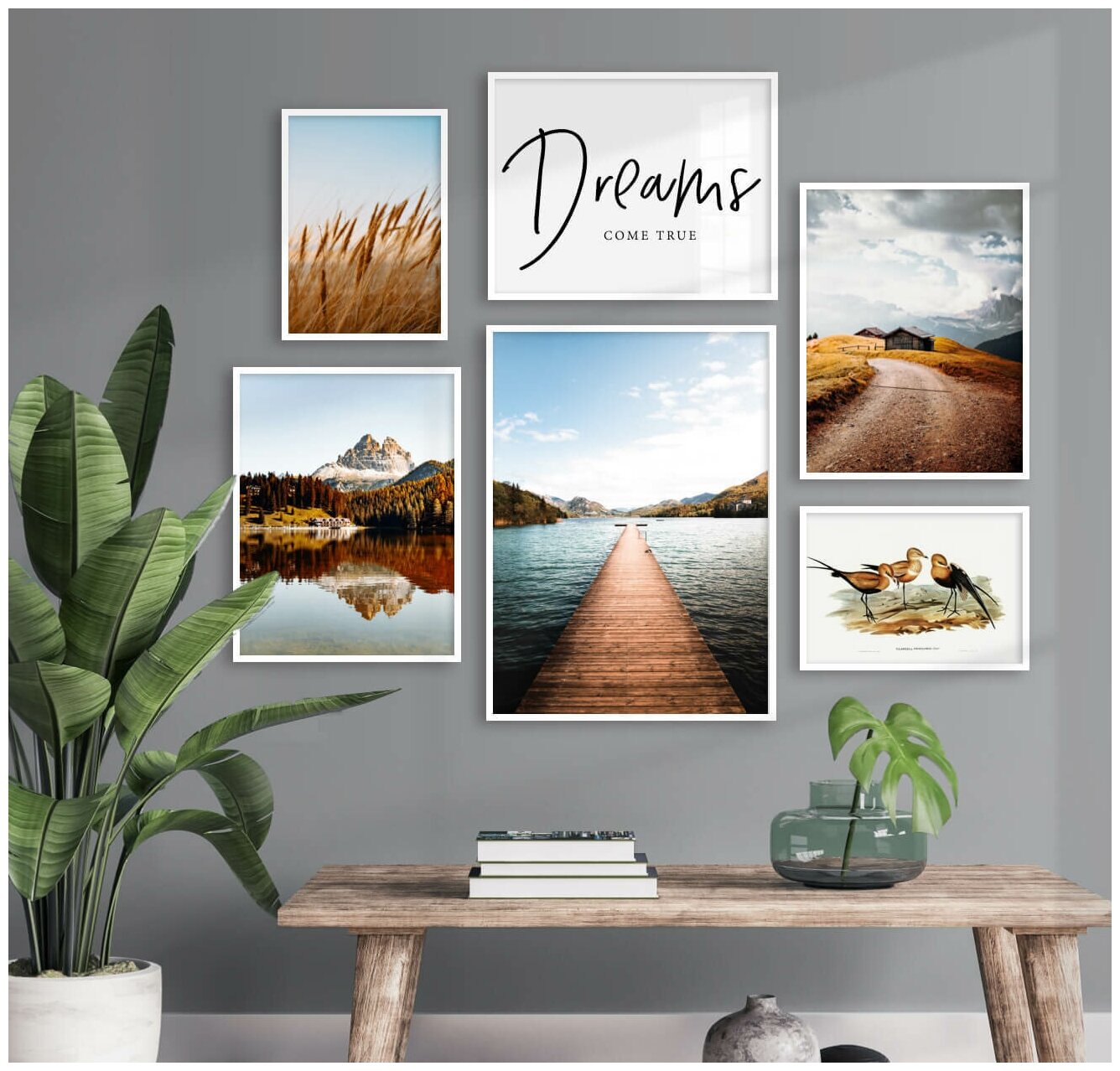 Постер 6 шт без рамки "Горные пейзажи, поле, птицы" набор картин для интерьера