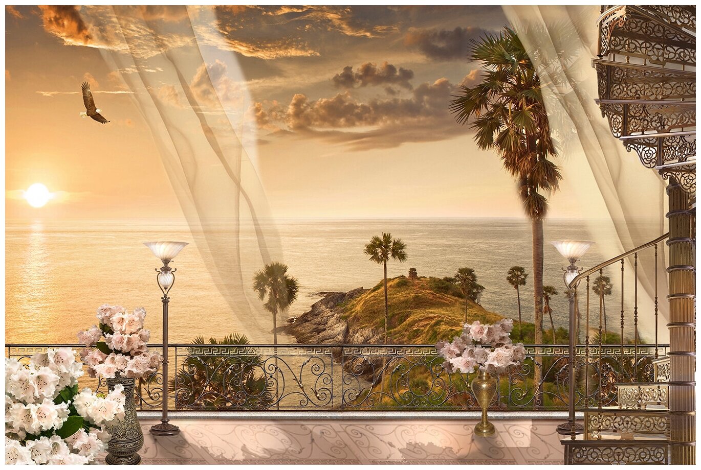 Фотообои Уютная стена "Вид с балкона отеля на закате" 410х270 см Виниловые Бесшовные (единым полотном)