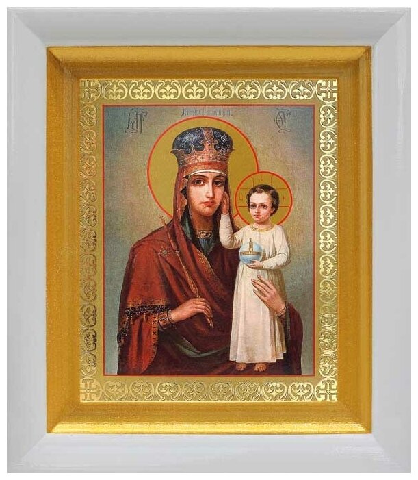 Икона Божией Матери "Призри на смирение", белый киот 14,5*16,5 см