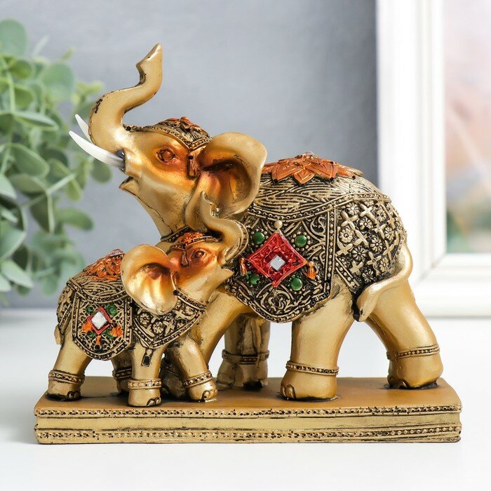 Фигурка полистоун «Слониха со слонёнком в попоне с ромбом», под бронзу, 14×6.3×13.5 см