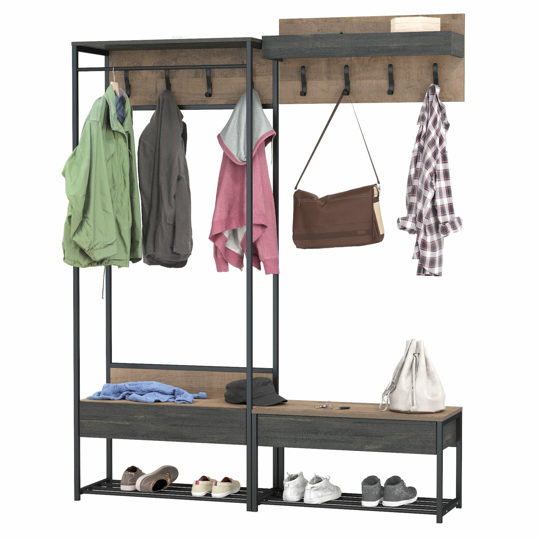 Открытая прихожая с обувницей с сиденьем и вешалкой Трувор, цвет дуб гранж песочный/интра, ШхГхВ 160х36,6х194,2 см.