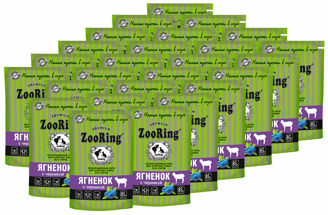 ZOORING для взрослых кошек Сочные кусочки в соусе с ягненком и черникой пауч (85 гр х 26 шт)