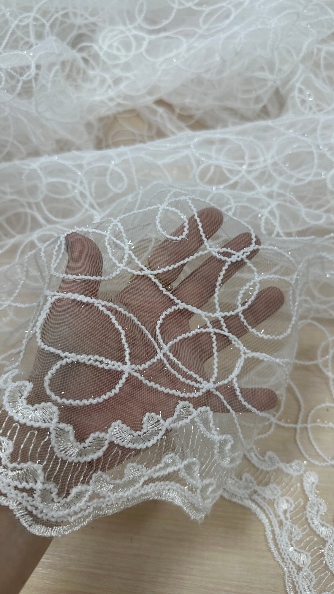 Отрез ткани тюлевый, сеточка вышивка белая, от 1м