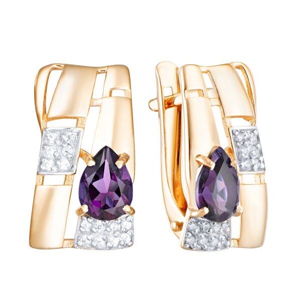 Серьги, золото, 585 проба, аметист, фианит