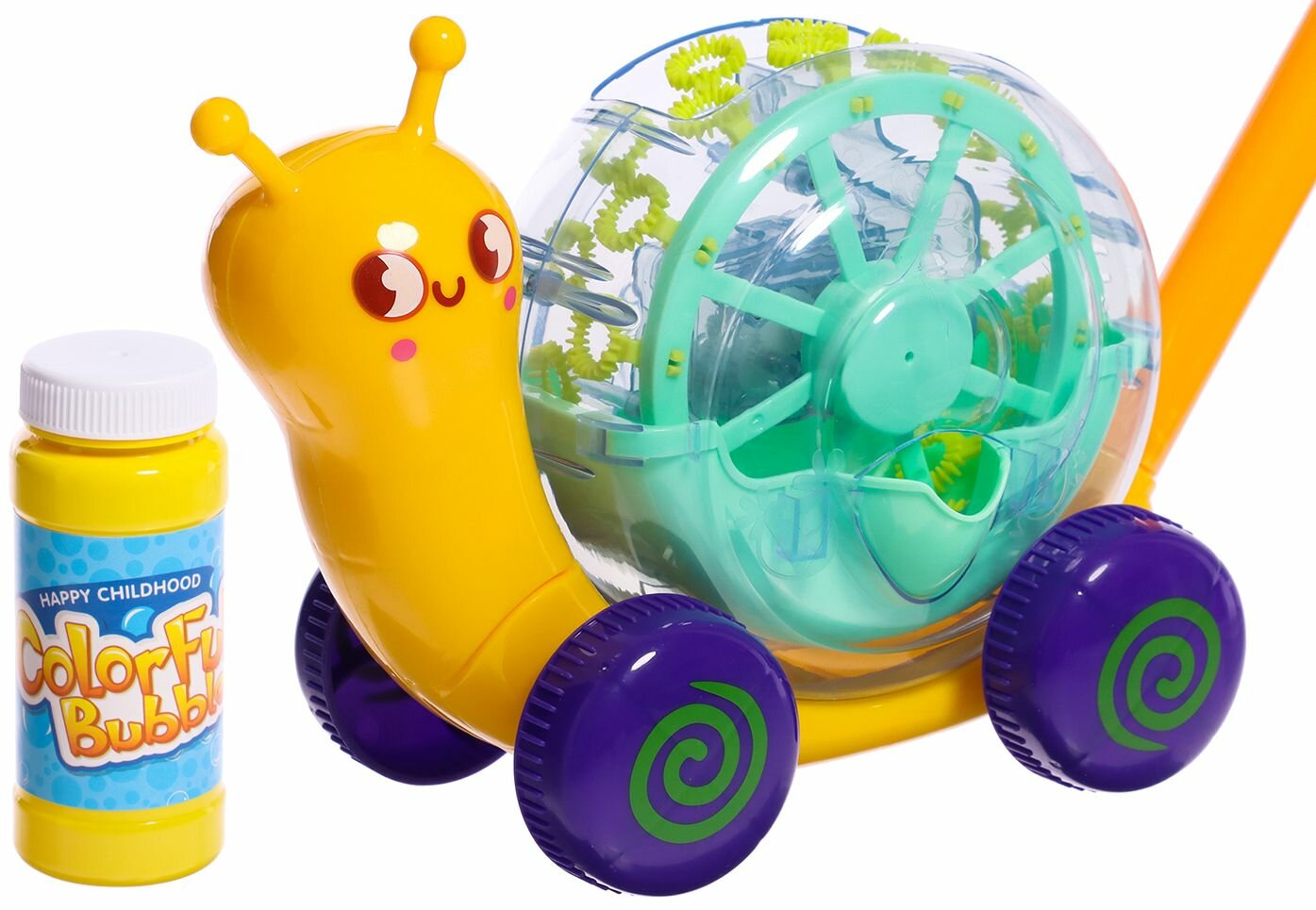 Детская каталка "Улитка", генератор мыльных пузырей, пластиковая игрушка для малышей с ручкой на палочке, для дома и улицы