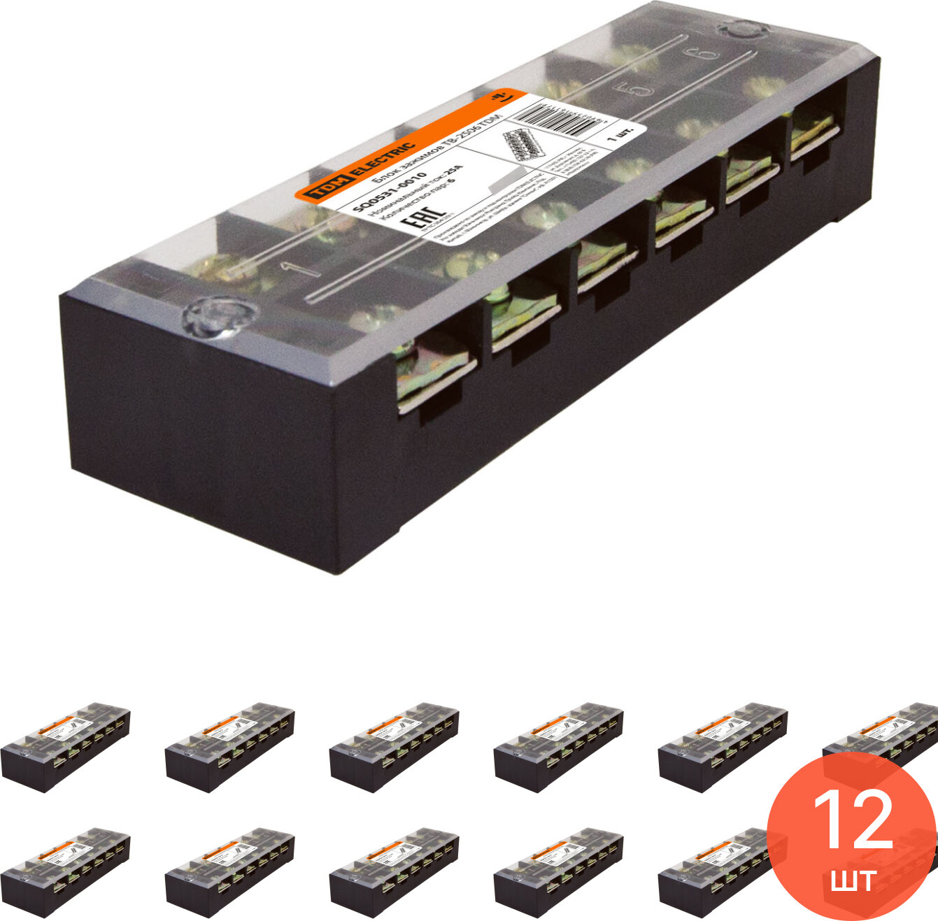 Блок зажимов TDM Electric / ТДМ Электрик ТВ-2506 колодка клеммная в корпусе из пластика черная, сечение 2.5мм2, 25А, 660В, 6 пар контактов / электрика (комплект из 12 шт)