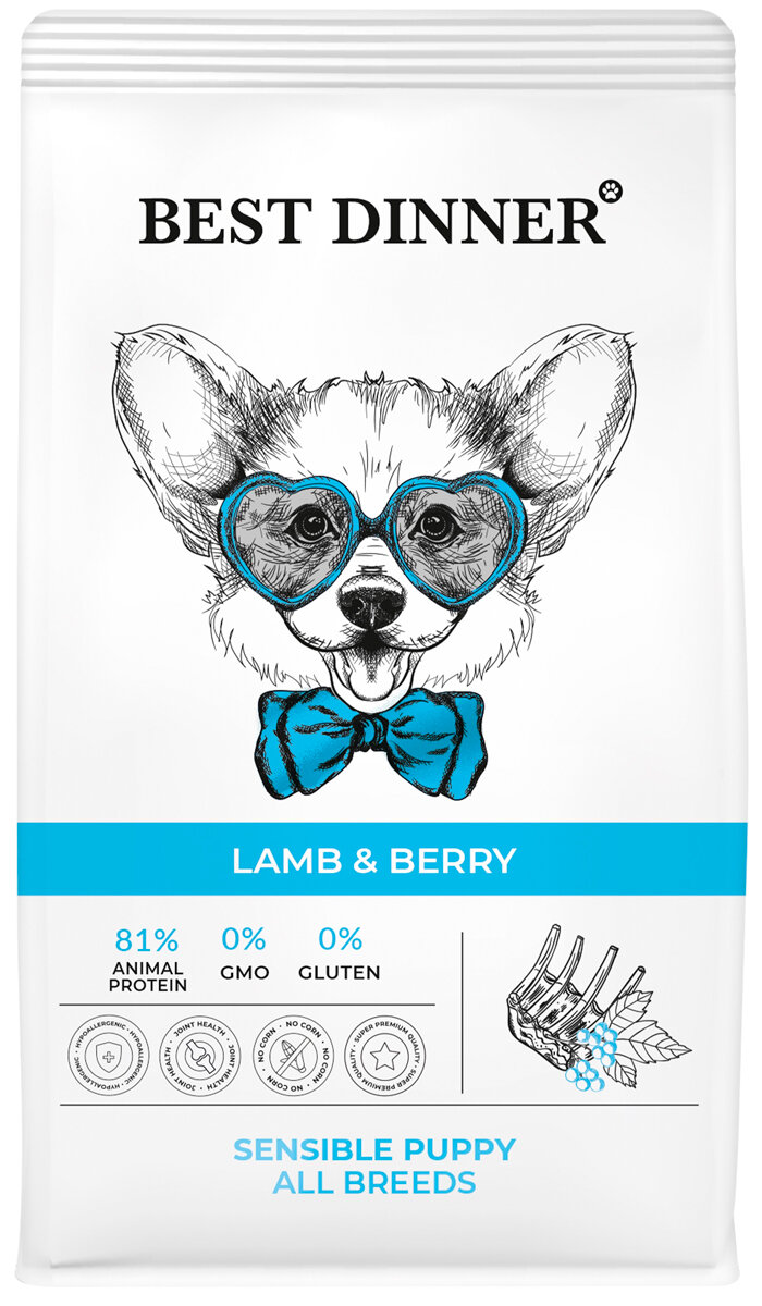BEST DINNER PUPPY SENSIBLE LAMB & BERRY для щенков всех пород, беременных и кормящих сук с чувствительным пищеварением с ягненком и ягодами (3 + 3 кг)